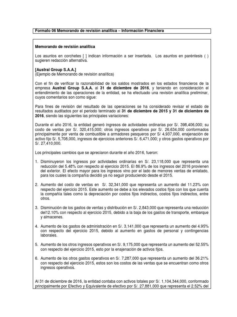 Formato 06 Memorando de Revisión Analítica EFS | PDF | Capital de trabajo | Economía (general)