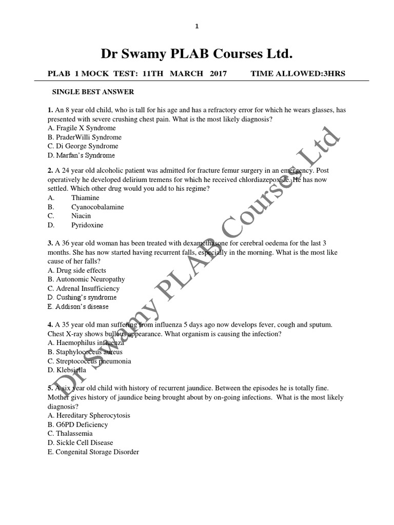 DR Swamy PLAB Courses LTD.: Plab 1 Mock Test: 11Th March 2017 Time ...