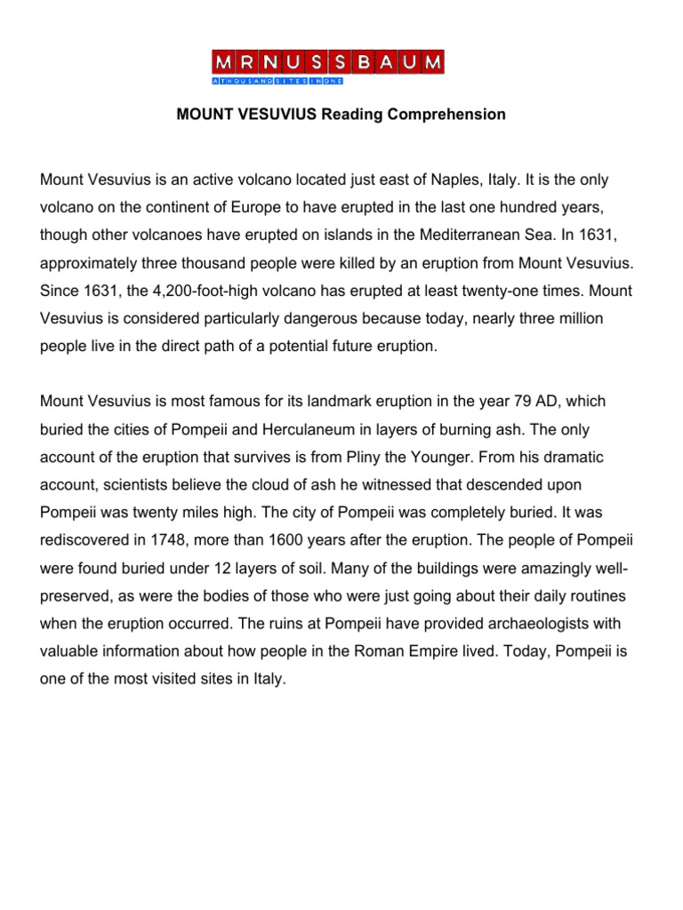 MOUNT VESUVIUS Reading Comprehension | PDF | Mount Vesuvius | Pompeii