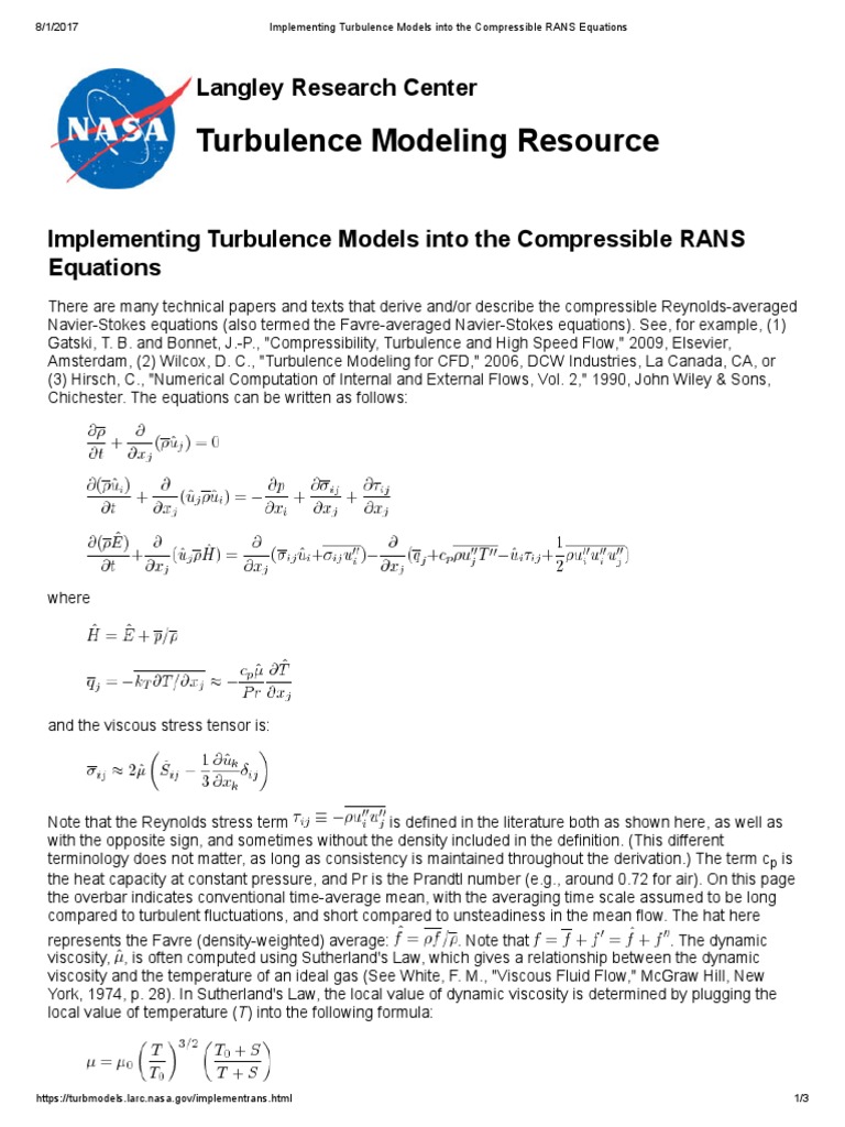 Implementing Turbulence Models Into The Compressible RANS Equations | Download Free PDF ...