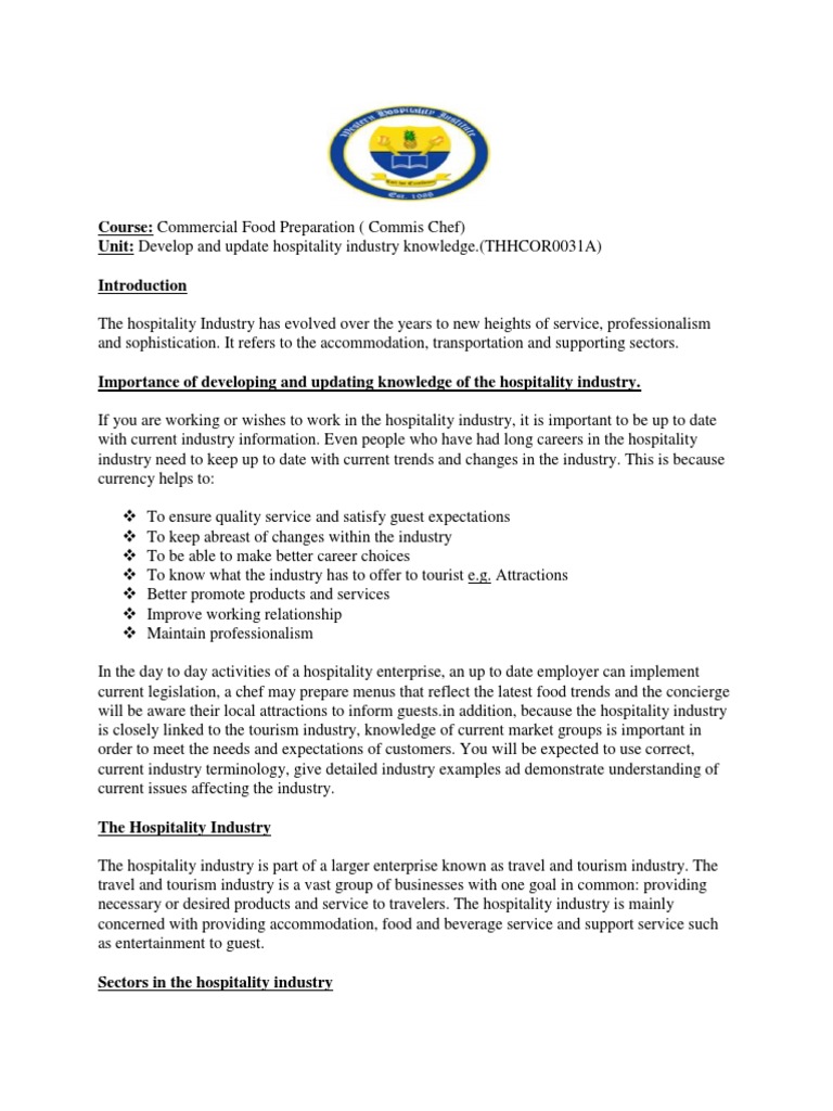 Develop and Update Hospitality Industry Knowledge Info | PDF | Tourism ...