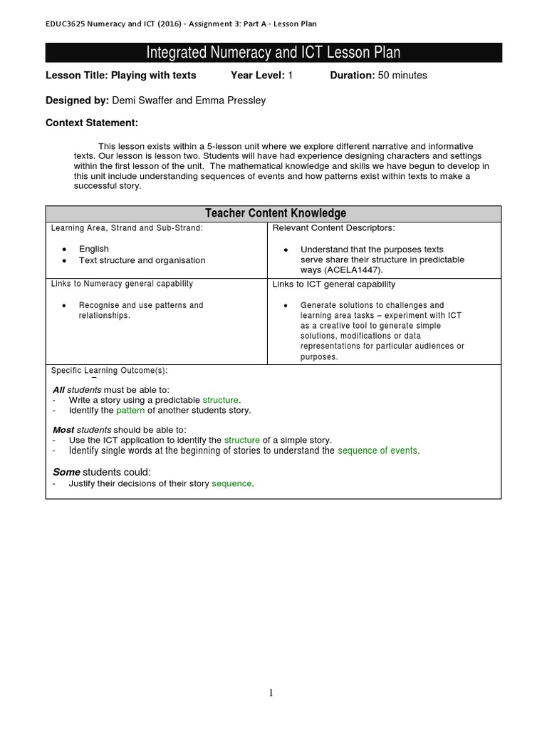 Year 1 Integrated Numeracy Lesson Plan | PDF | Educational Technology ...
