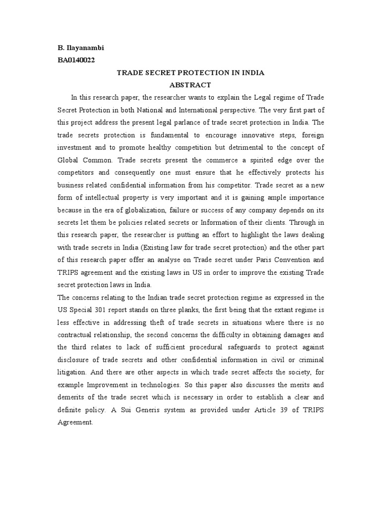B. Ilayanambi BA0140022 Trade Secret Protection in India | PDF | Trade Secret | Intellectual ...