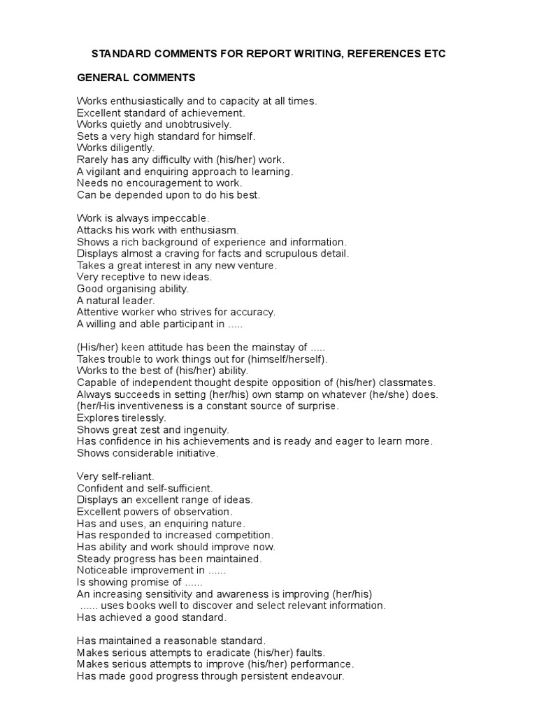 Report Writing Standard Comments | PDF | Teaching Mathematics | Emotions