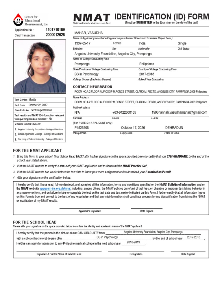 Identification (Id) Form: Mahar, Vasudha | PDF | Medical School ...