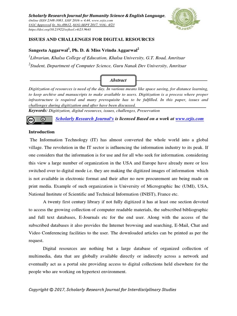 Issues and Challenges For Digital Resources | PDF | Digital Library | Digitizing