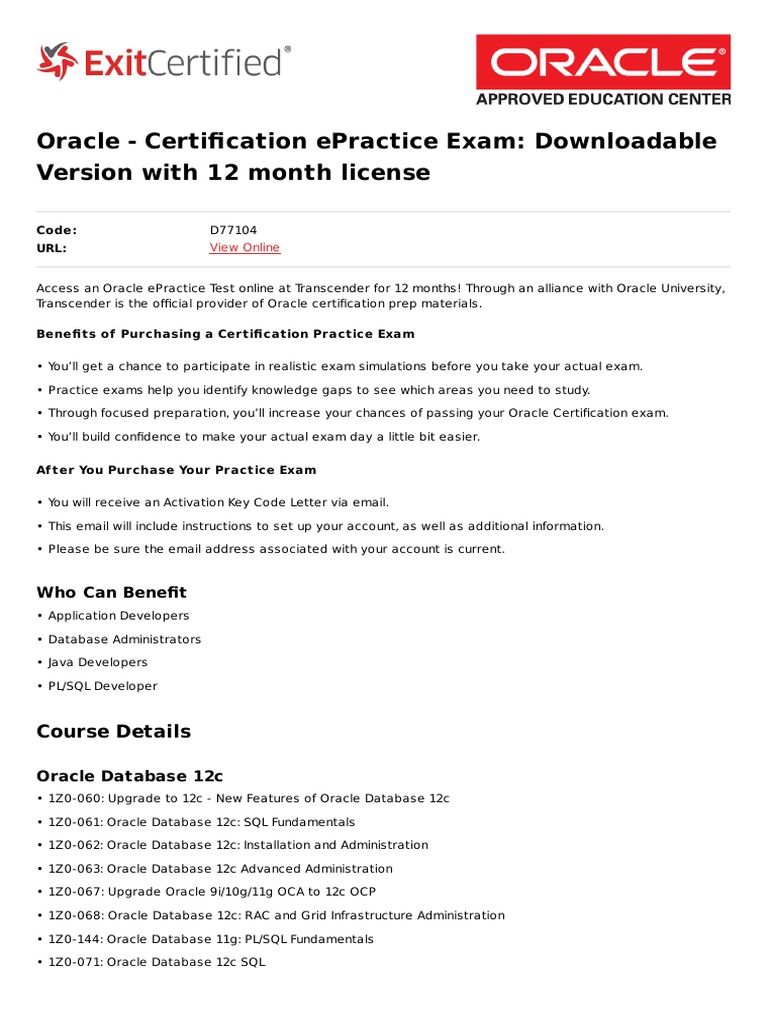 Certification Epractice Exam Downloadable Version With 12 Month License ...