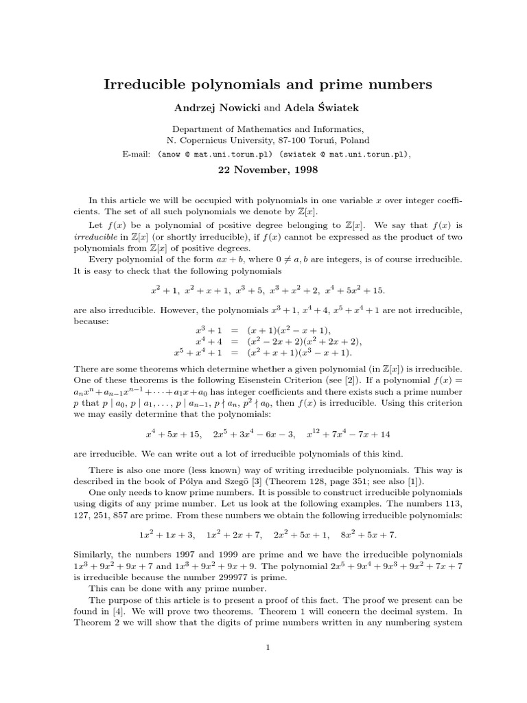 Irreducible Polynomials and Prime Numbers: Andrzej Nowicki and Adela Swiatek | PDF | Prime ...