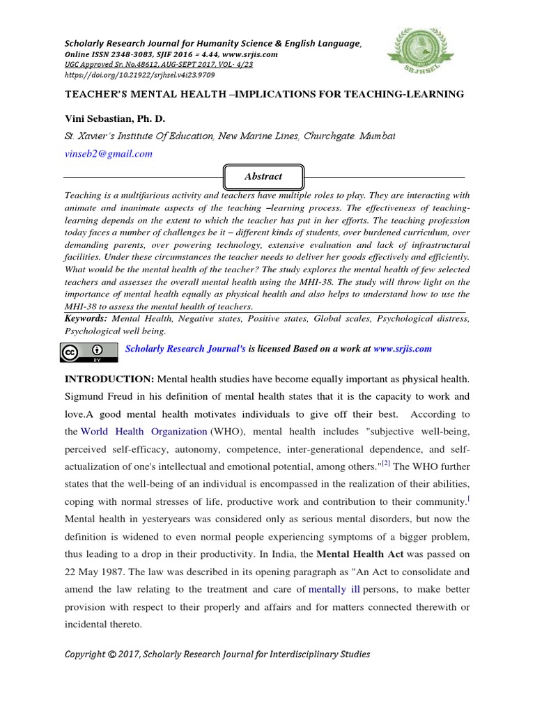 Teacher's Mental Health - Implications For Teaching-Learning | PDF ...