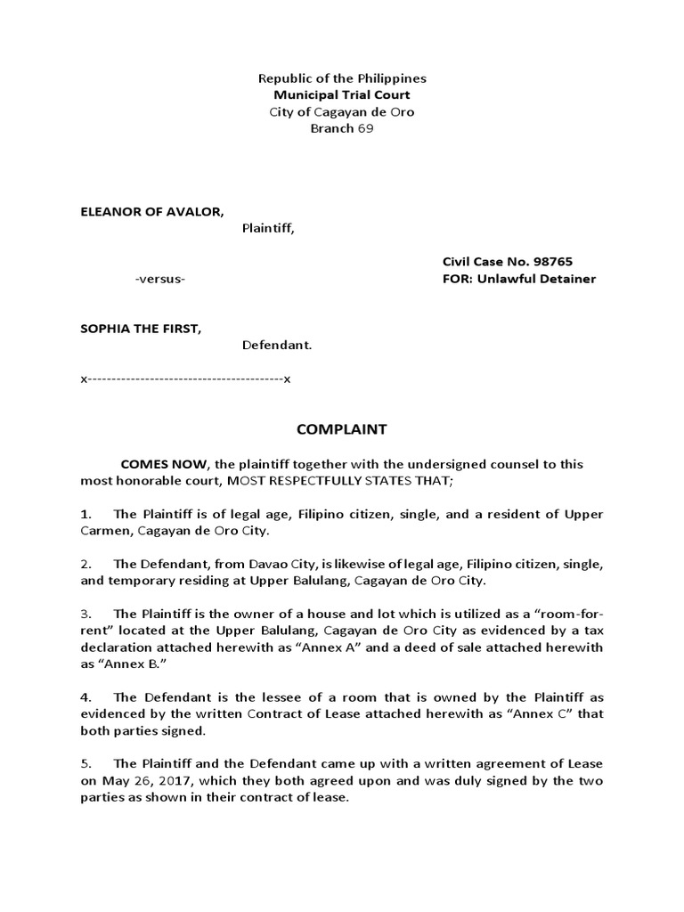 Legal Writing - Unlawful Detainer Complaint | Download Free PDF | Lease | Lawsuit