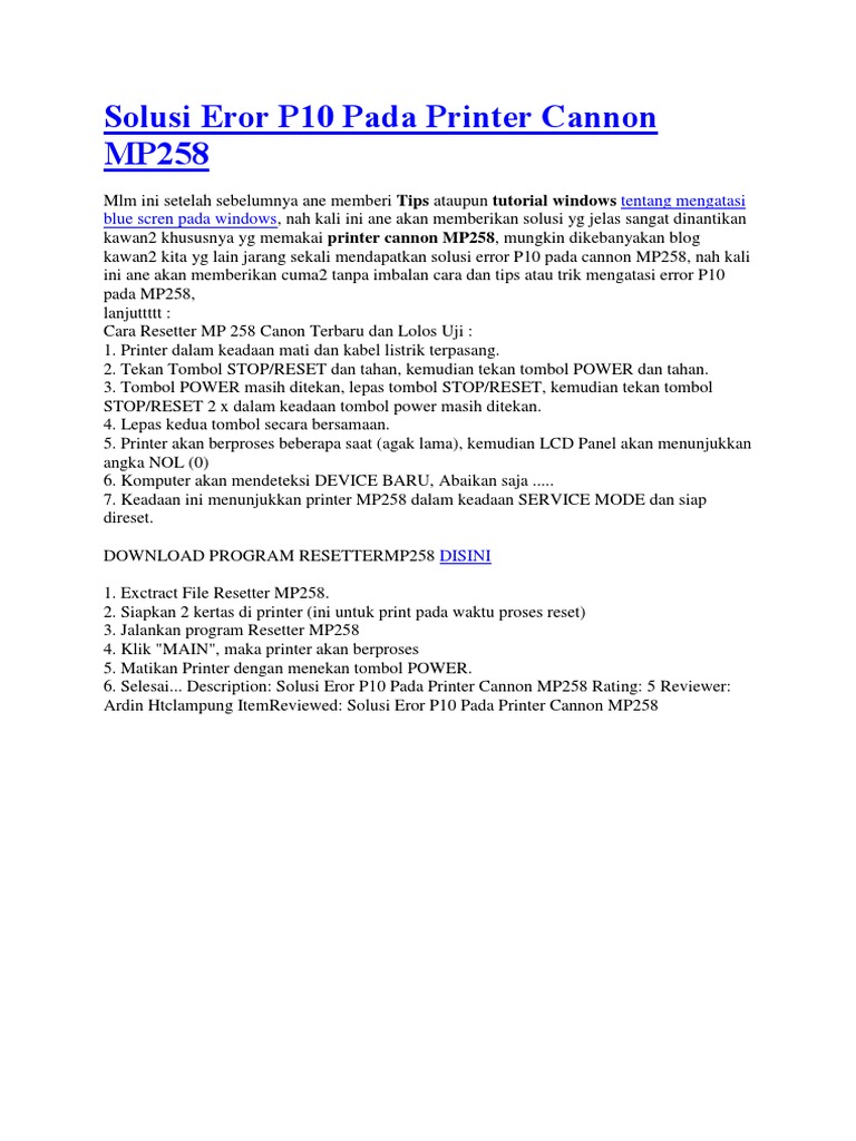 Solusi Eror P10 Pada Printer Cannon MP258 | PDF