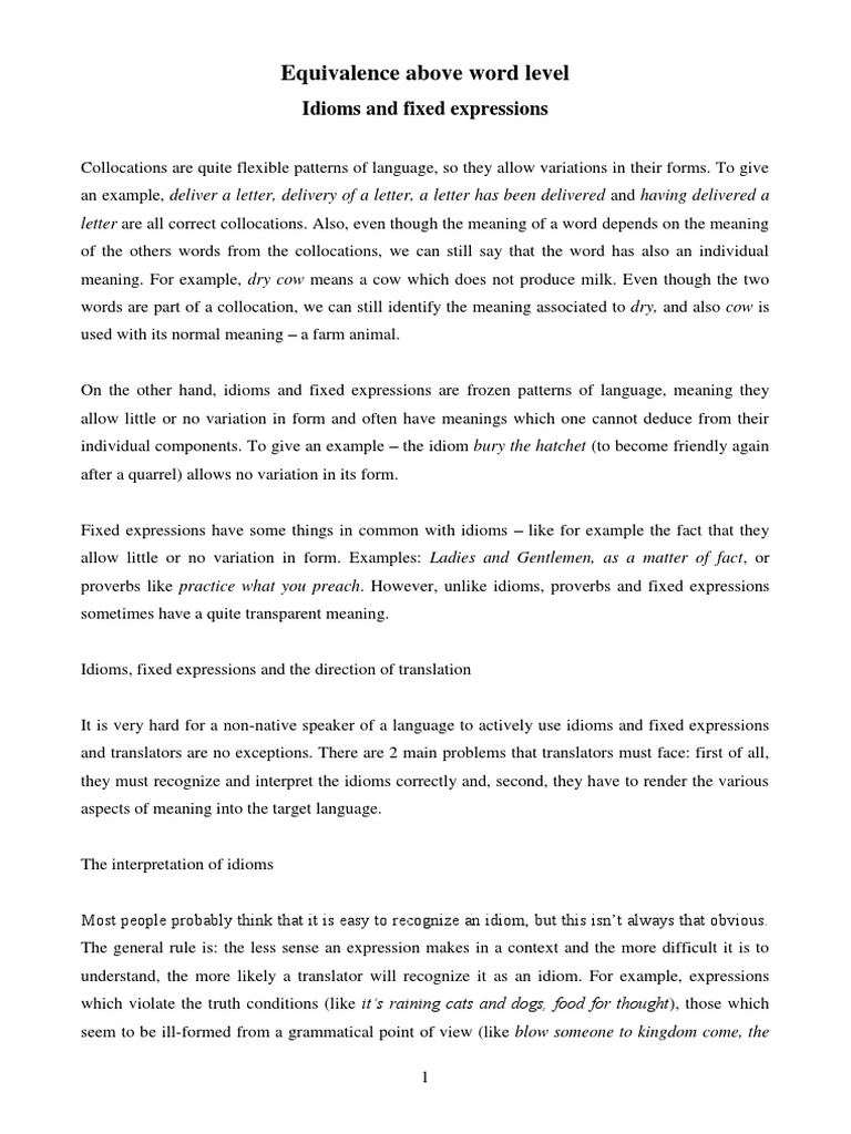 Equivalence Above Word Level: Idioms and Fixed Expressions | PDF ...