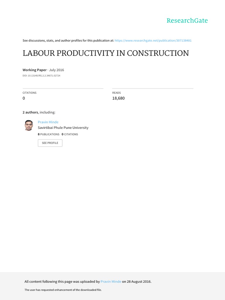 Labour Productivity In Construction July 2016 Pdf Labour Economics
