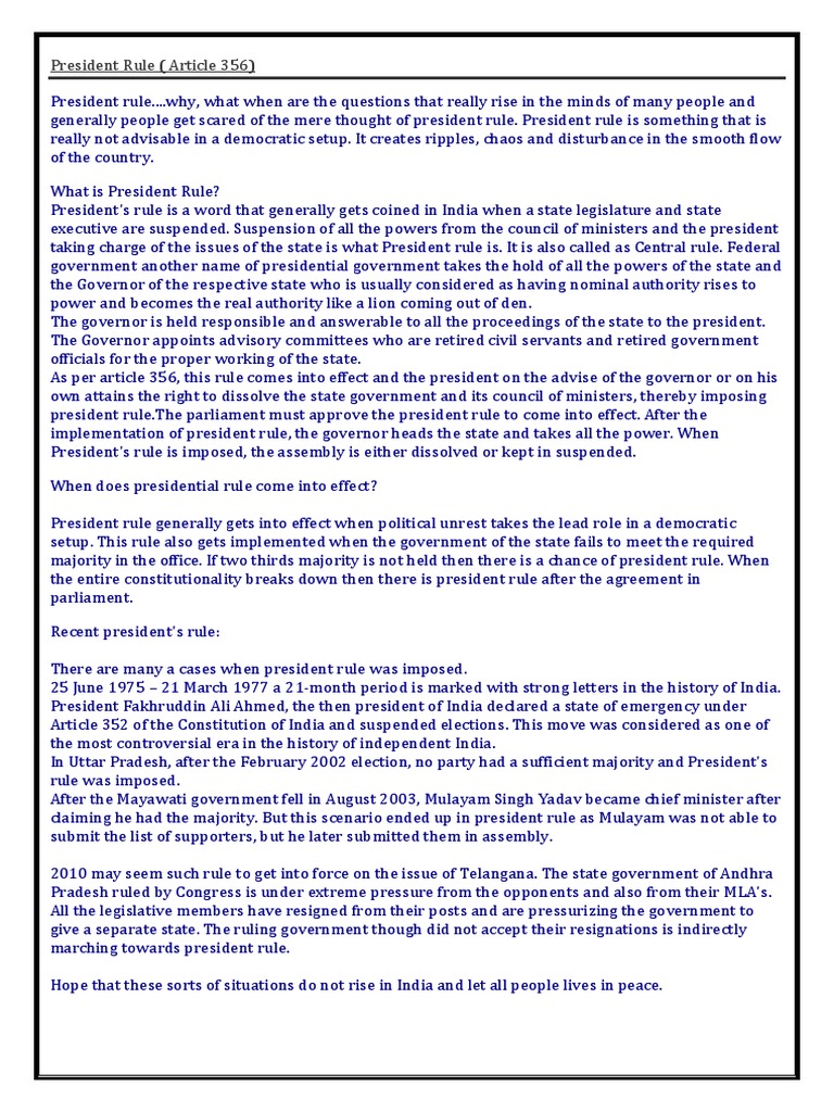 President Rule (Article 356) | Download Free PDF | Governor ...
