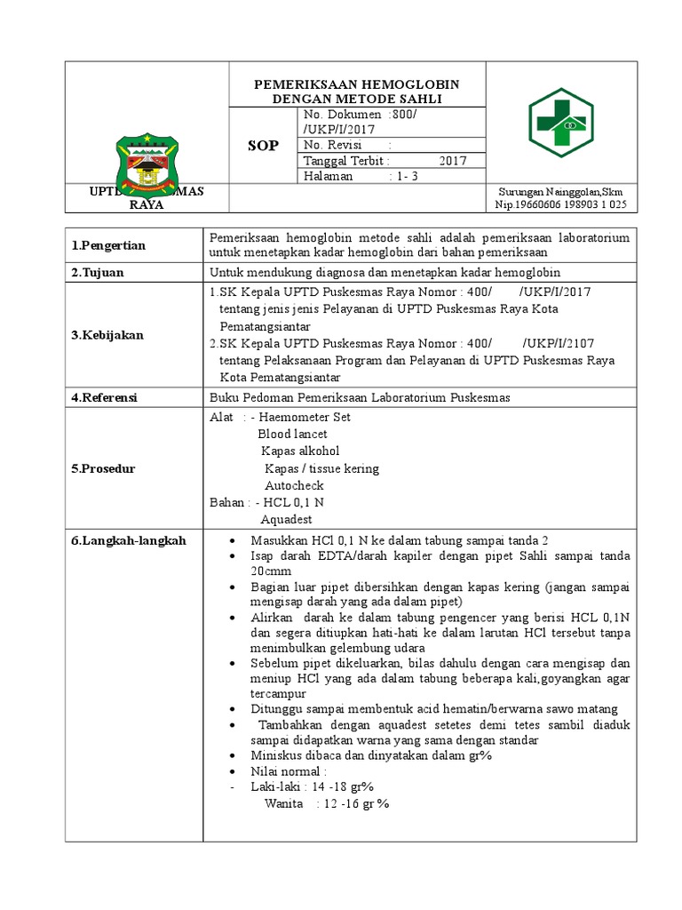 Prosedur Pemeriksaan Hemoglobin Sahli | PDF