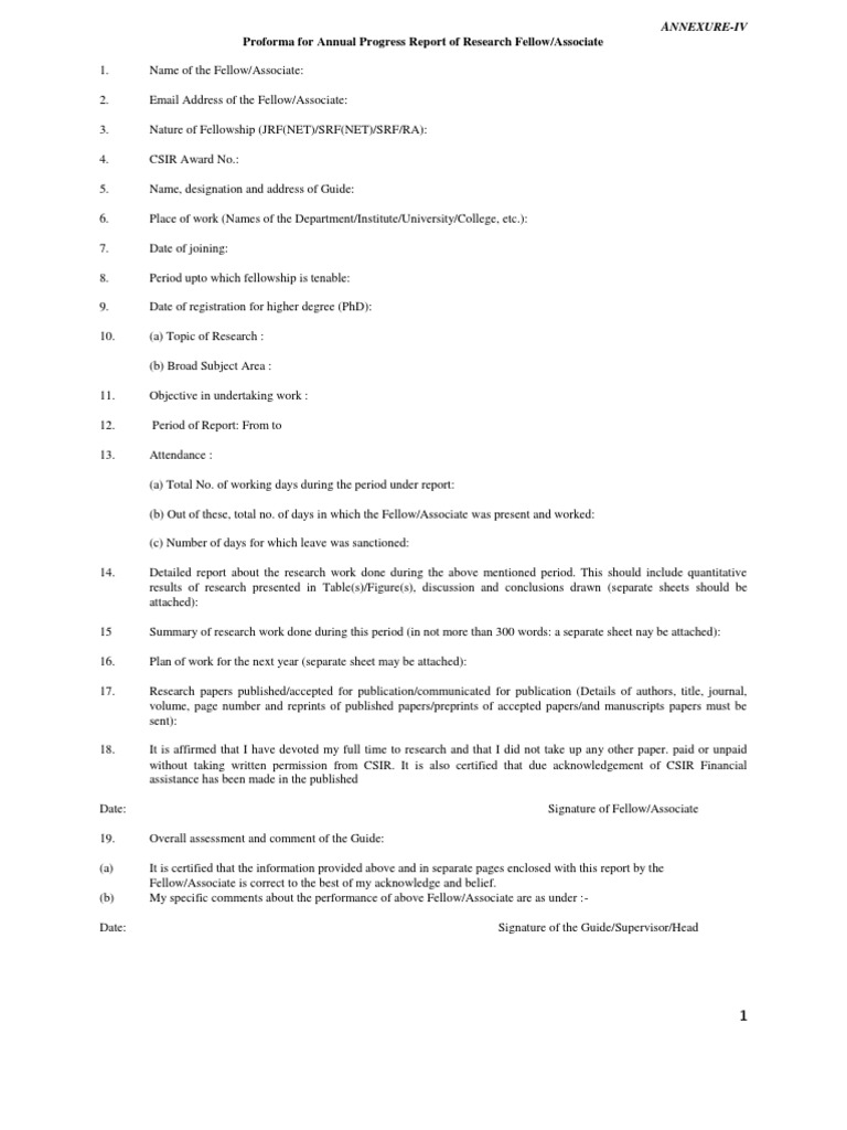Proforma For Annual Progress Report of Research Fellow/Associate | PDF ...