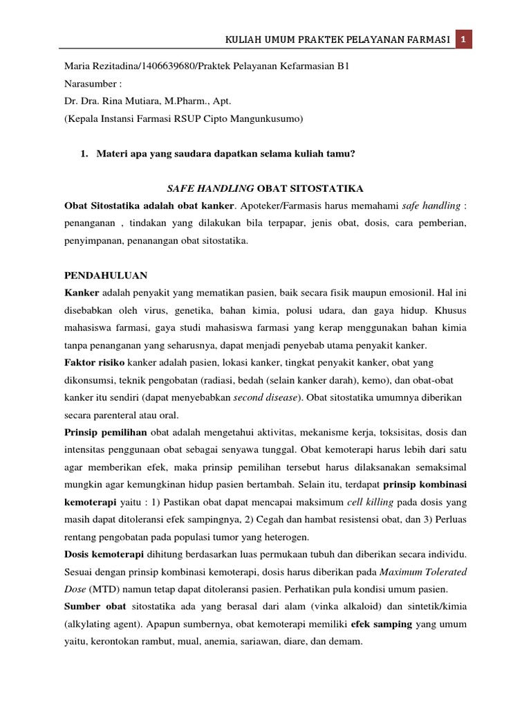 Safe Handling Obat Sitostatika Dan Parenteral Nutrition | PDF