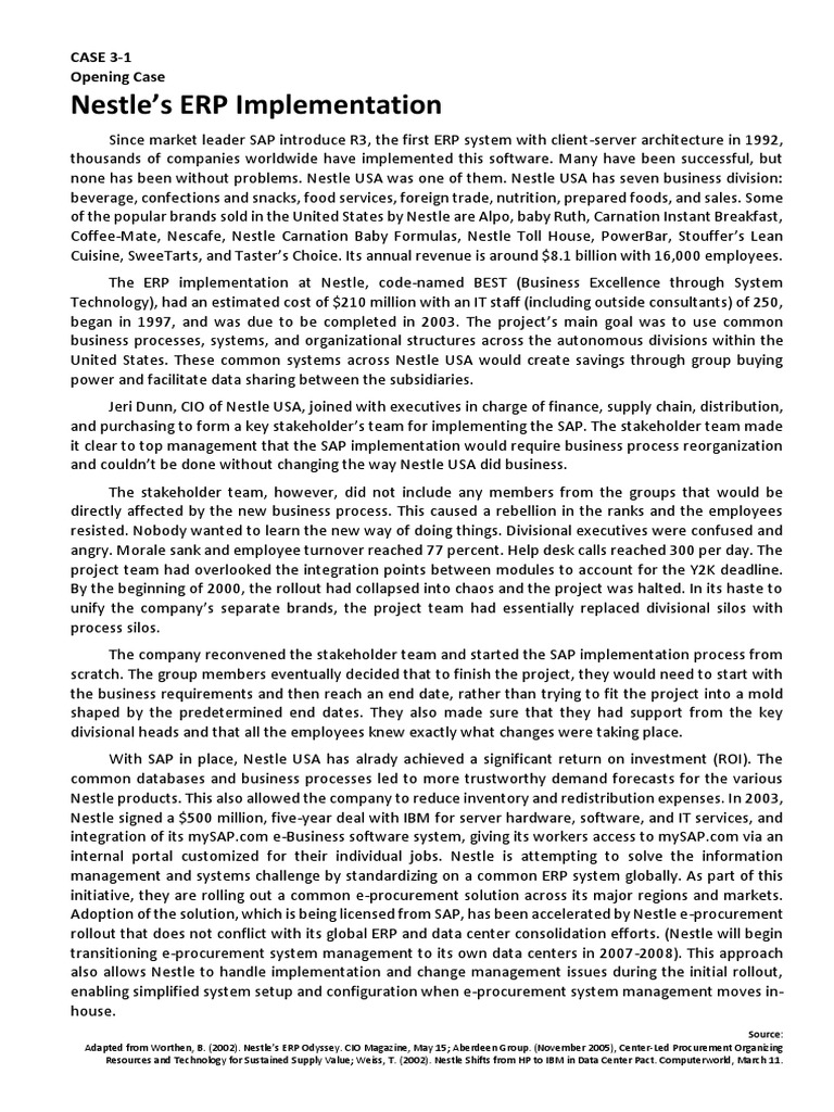 CASE 3-1 Nestle's ERP Implementation-Session 7-8 | PDF | Nestlé ...