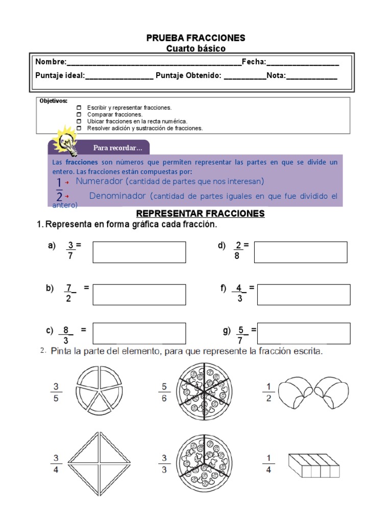 prueba fracciones 4° basico | Fracción (Matemáticas) | Física y matemáticas