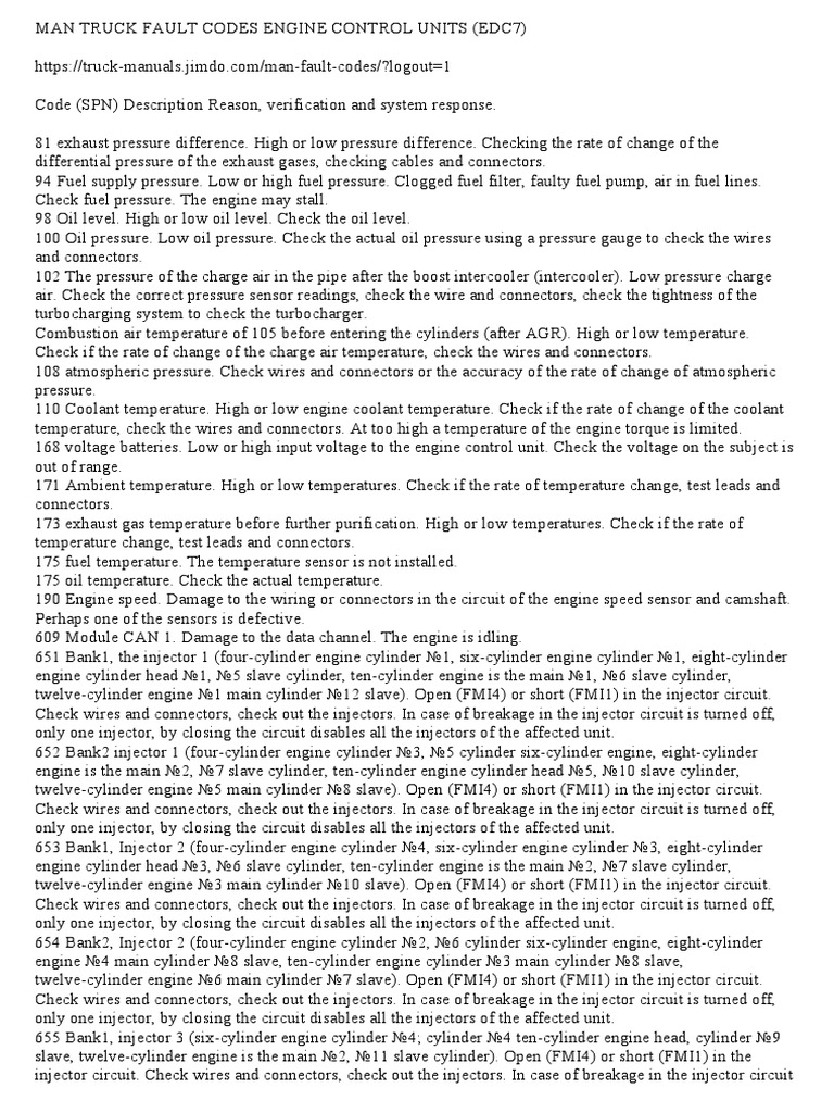 Man Truck Fault Codes Engine Control Units (Edc7) | PDF | Turbocharger | Internal Combustion Engine
