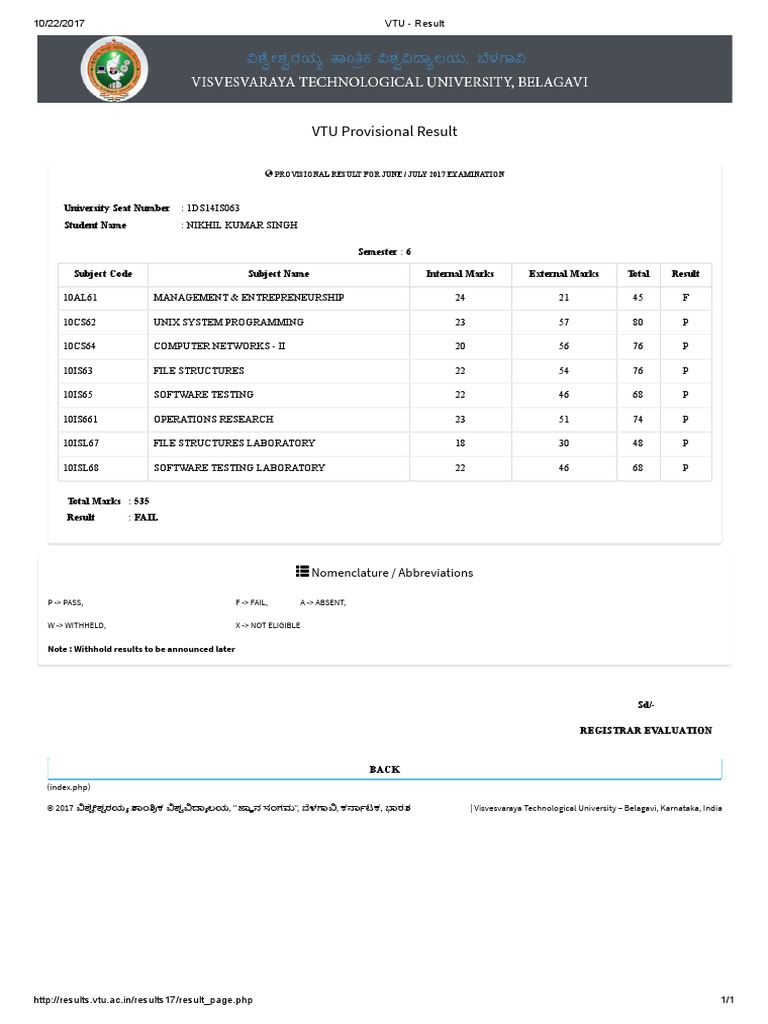 VTU Provisional Result: Nomenclature / Abbreviations | PDF