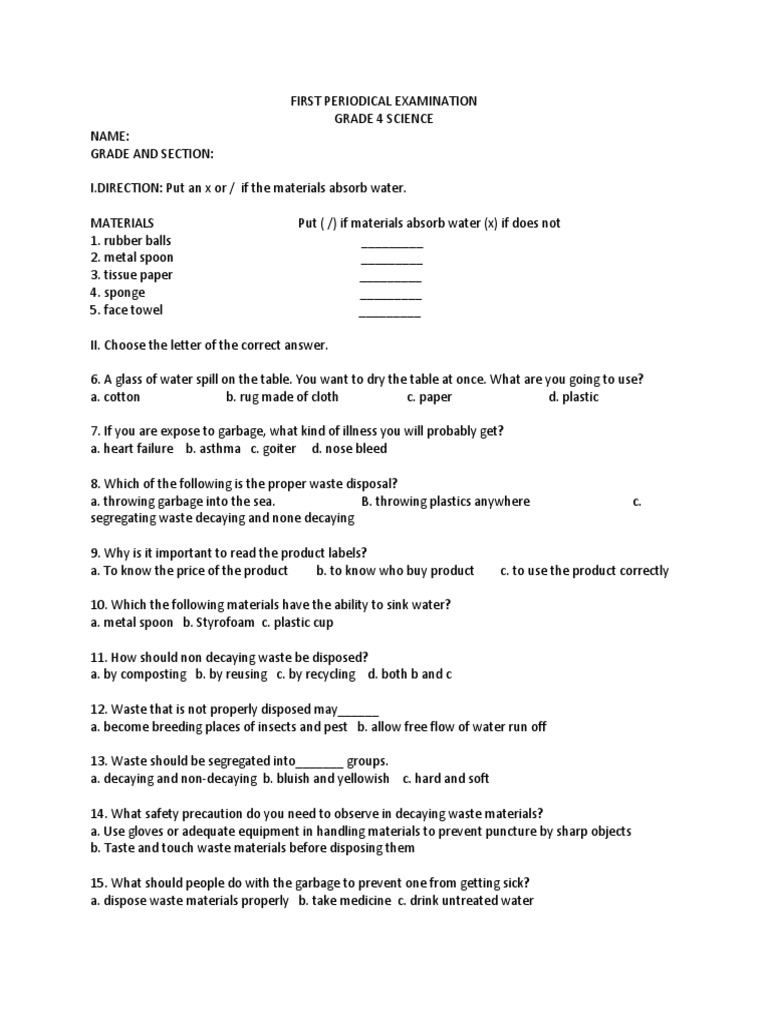Grade 4 Science 1st Periodical Exam | PDF | Sodium Chloride | Waste