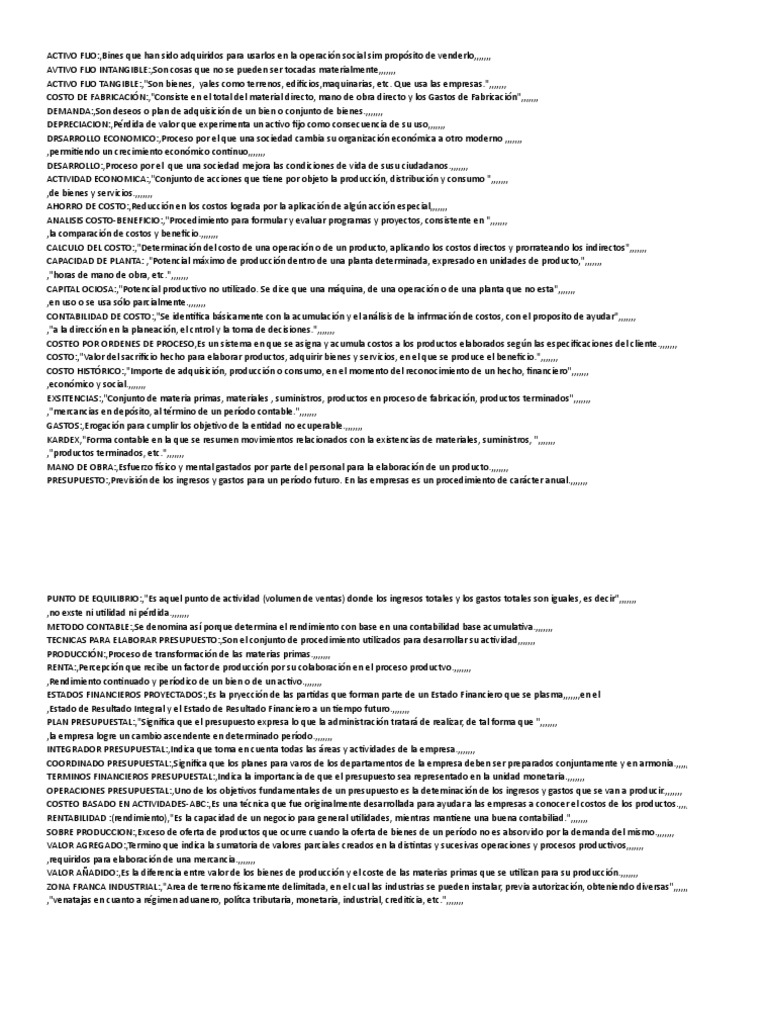 Glosario Costos y Presupuestos. Libro1 | PDF | Costo | Presupuesto