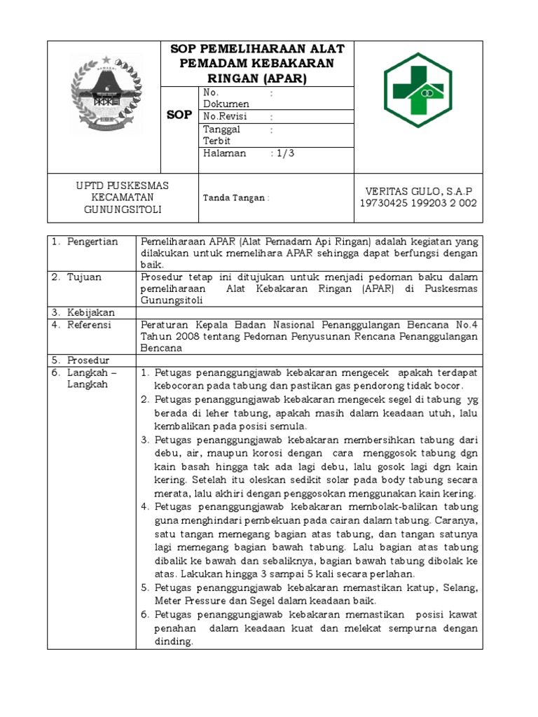 Sop Pemeliharaan Apar | PDF