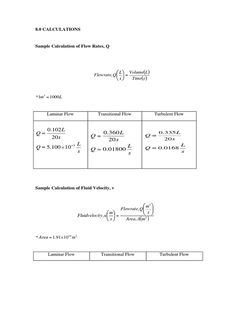 8.0 Calculations: S Time L S L Q Flowrate | PDF | Laminar Flow | Fluid Dynamics