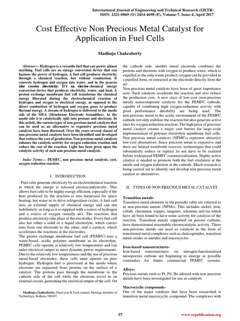 Cost Effective Non Precious Metal Catalyst For Application in Fuel ...
