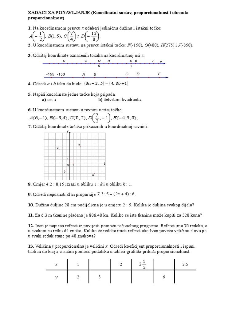 ZADACI ZA PONAVLJANJE (Koordinatni Sustav I Proporcionalnost) | PDF