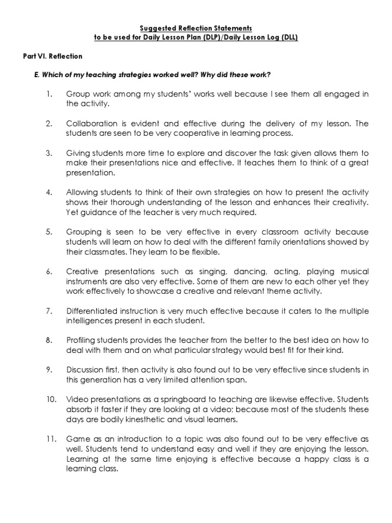 Suggested Reflection Statements | PDF | Differentiated Instruction | Learning