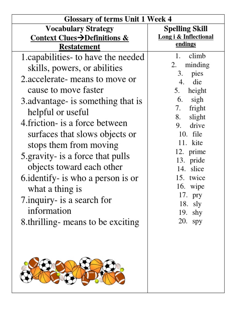 Friction and Spelling Skills Glossary | PDF