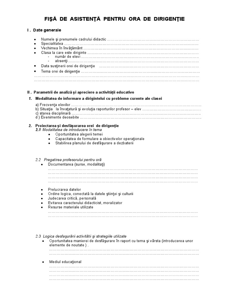 Fisa Pentru Ora de Dirigentie | PDF