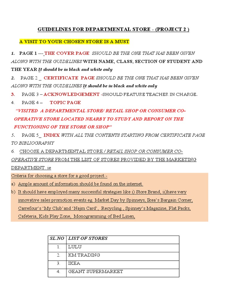 Class 12 Marketing (783) Departmental Store Project Guidelines CBSE ...