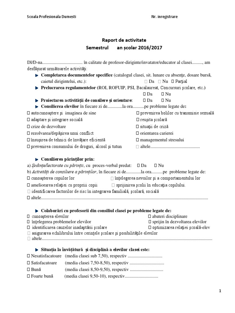 Raport de Activitate Diriginte | PDF