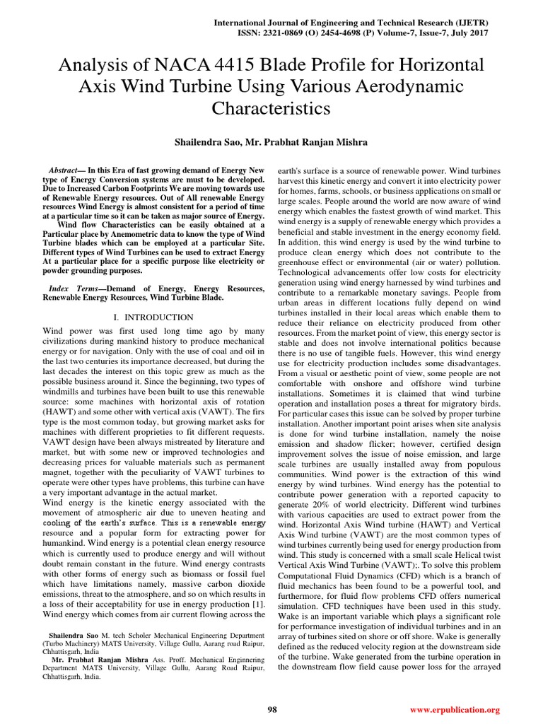Analysis of NACA 4415 Blade Profile For Horizontal Axis Wind Turbine ...