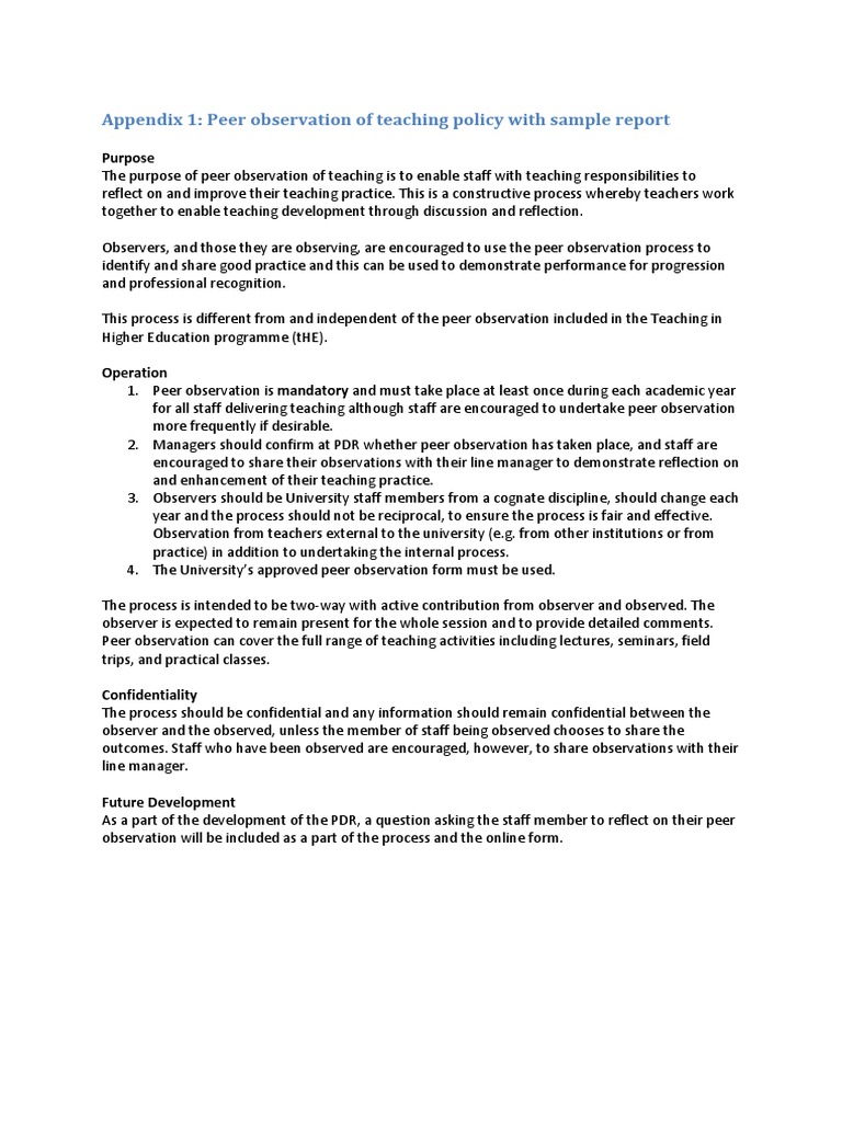 Peer Observation of Teaching Policy | PDF | Lecture | Teachers