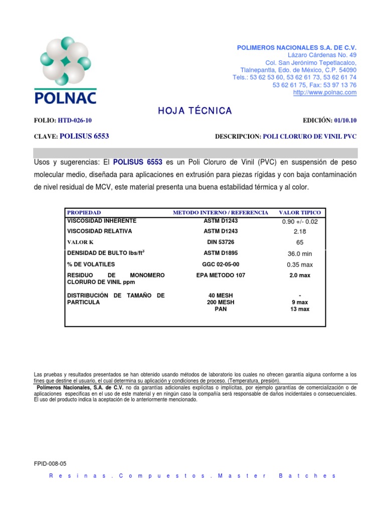 Ficha Tecnica PVC | Cloruro de polivinilo | Ciencias fisicas