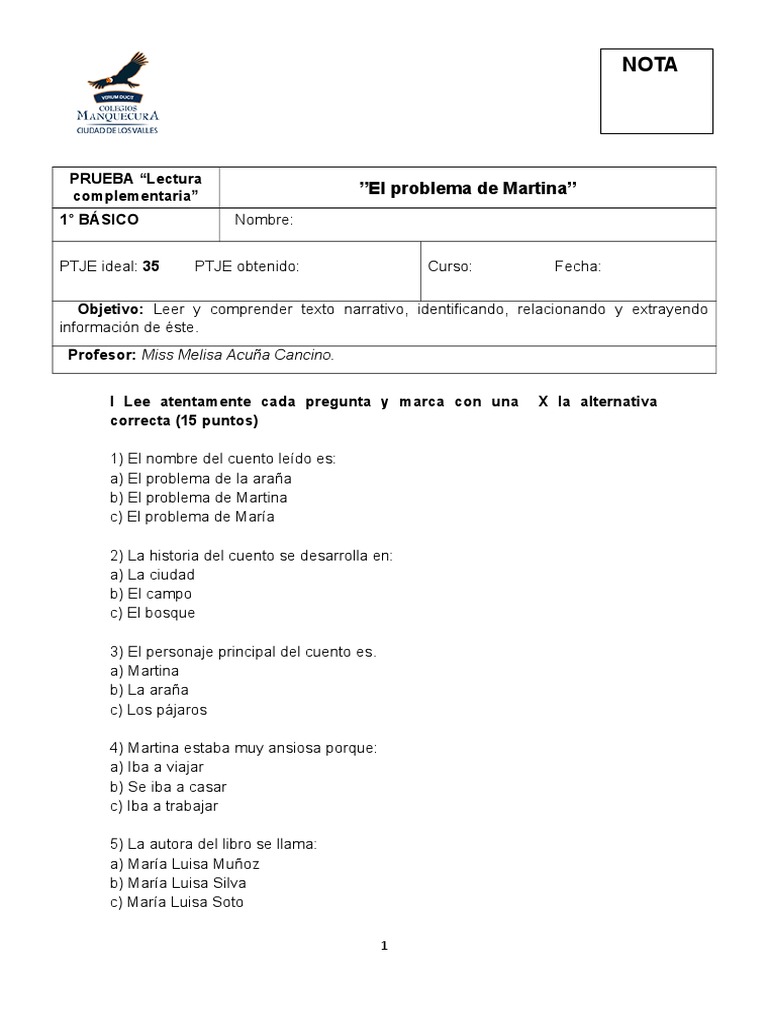 Prueba Lectura Complementaria MAYO - El Problema de Martina 1°básicos ...