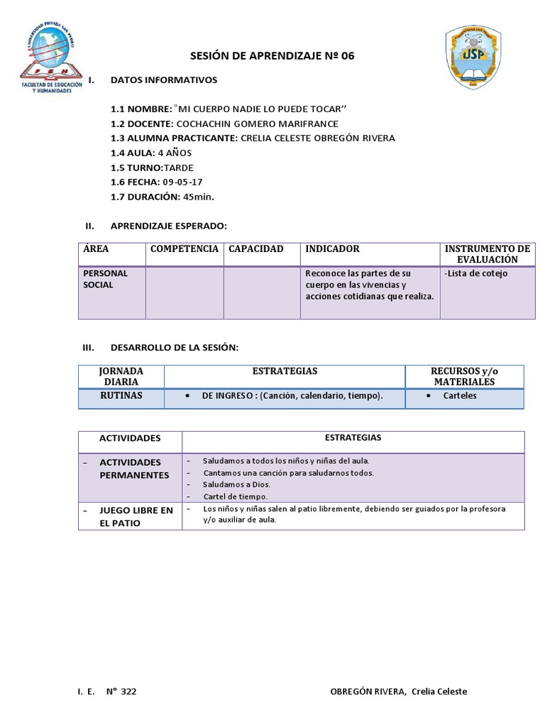 Sesion Mi Cuerpo Nadie Lo Puede Tocar | PDF | Salón de clases | Maestros