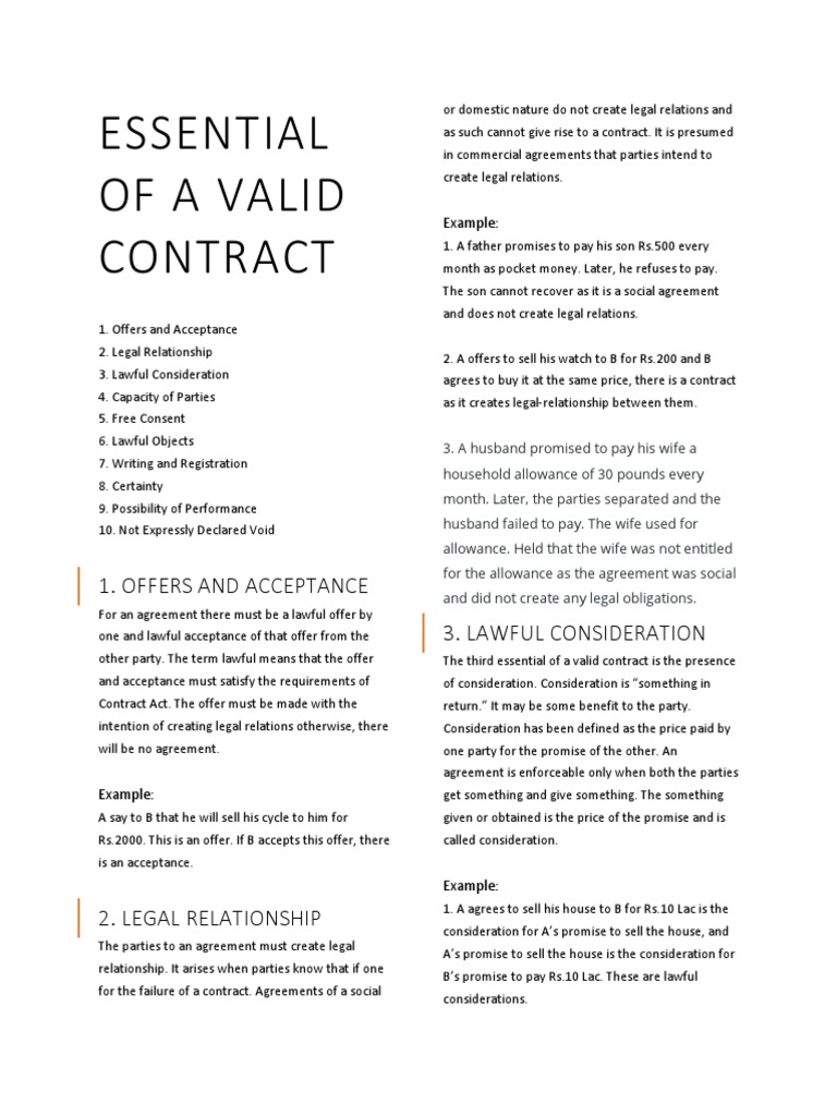 Essential Elements of a Valid Contract | PDF | Consideration | Offer And Acceptance