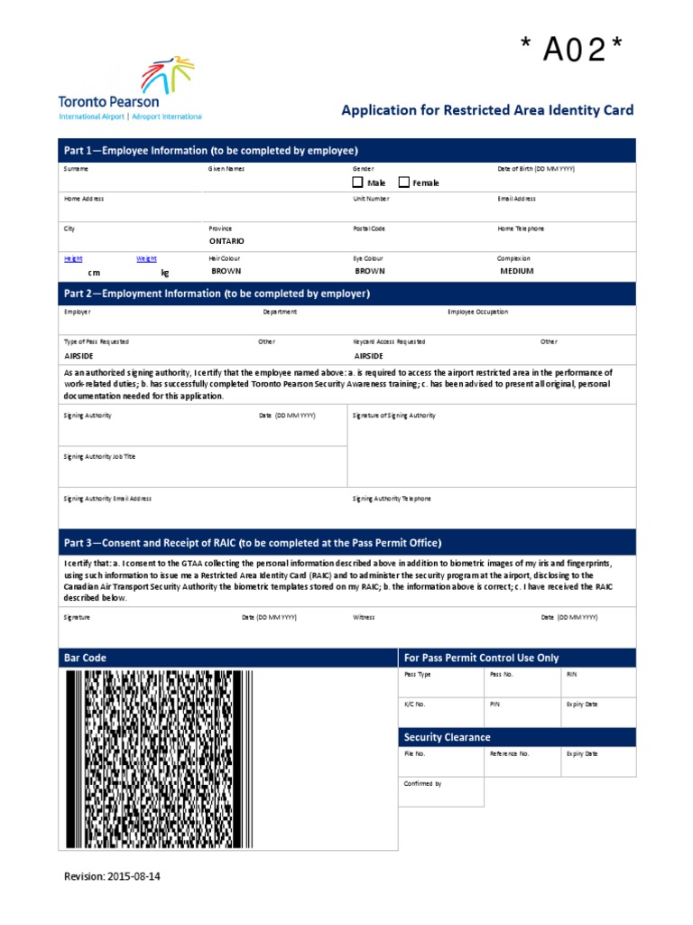 Restricted Area Identity Card - Form - 2015-09-15 | PDF | Identity ...