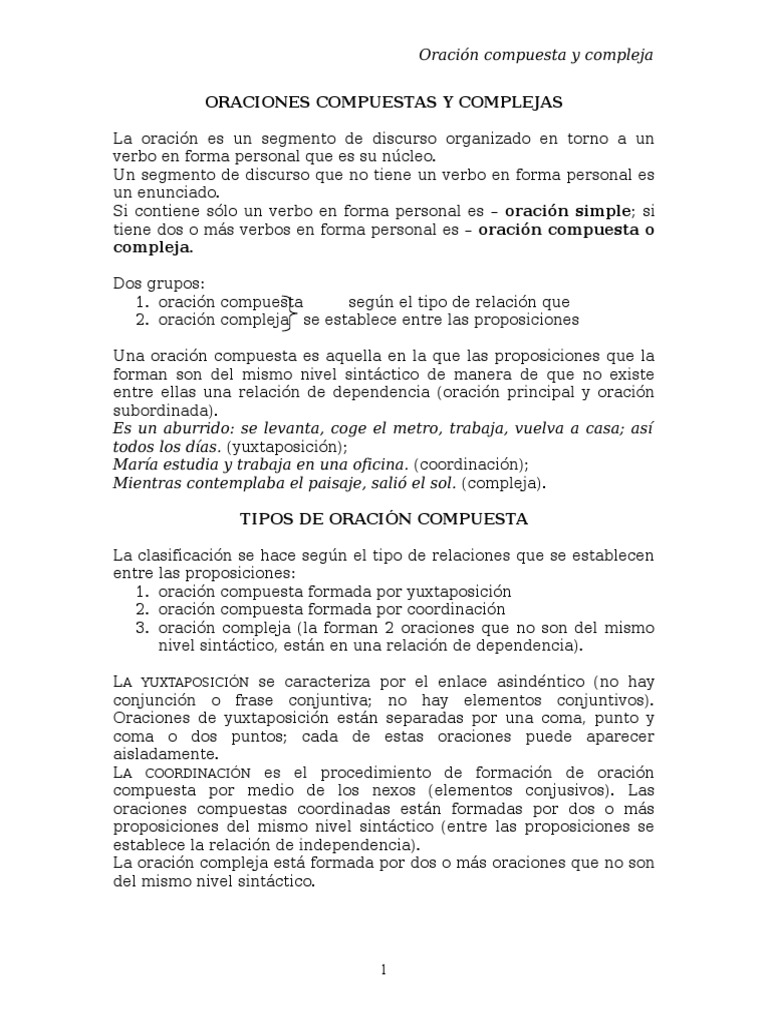 Tipos de Oraciones Compuestas y Complejas | PDF | Oración (Lingüística ...