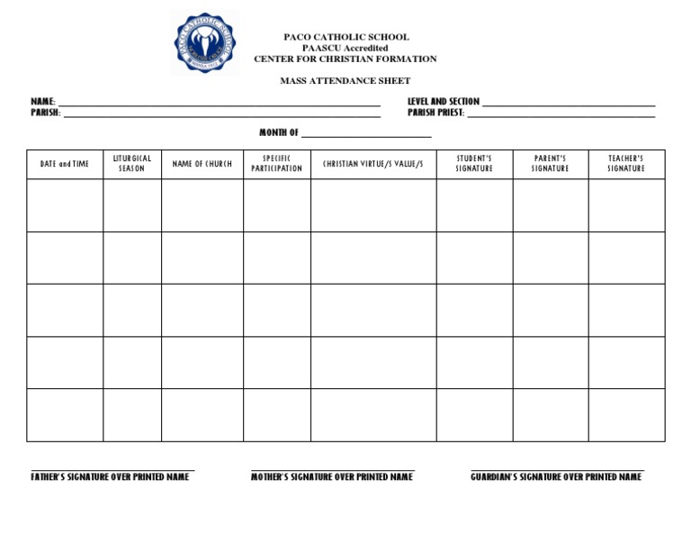 Mass Attendance Card Template | PDF