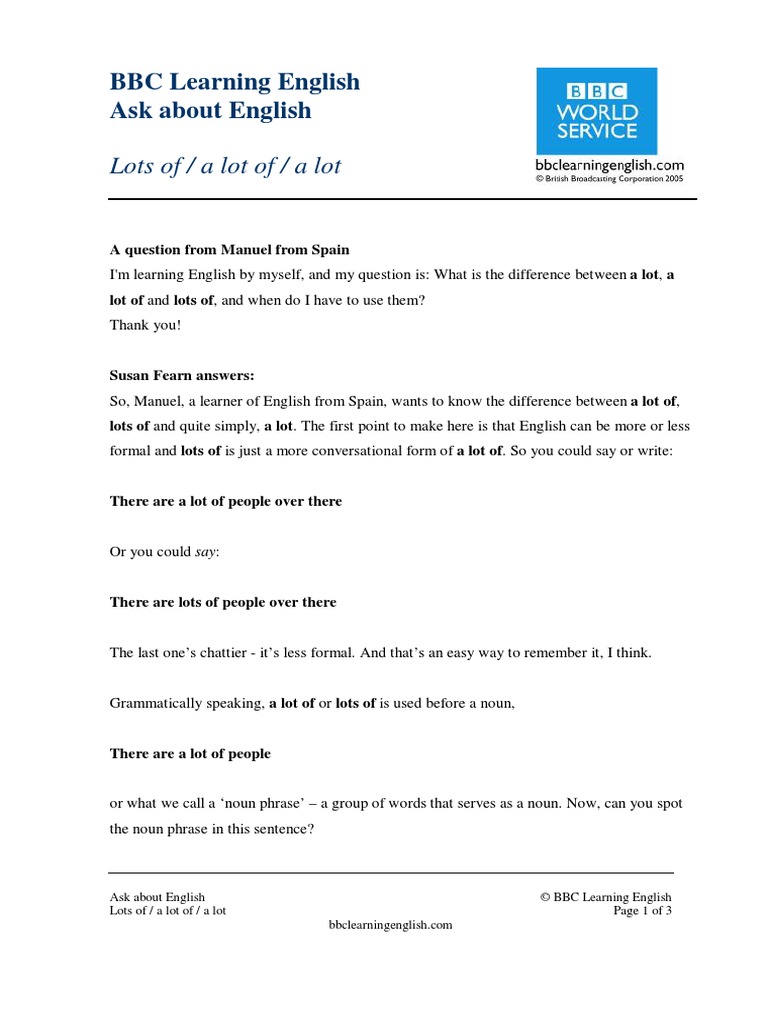Lots of / A Lot of / A Lot: BBC Learning English Ask About English ...