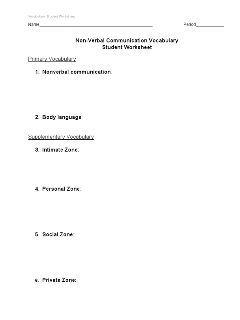 Non-Verbal Communication Vocabulary Student Worksheet | PDF