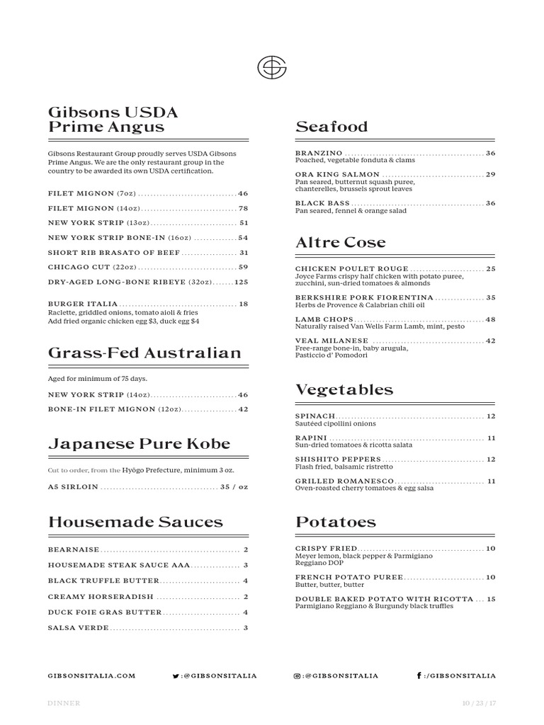 Gibsons Italia Dinner Menu | PDF | Edible Plants | Foods
