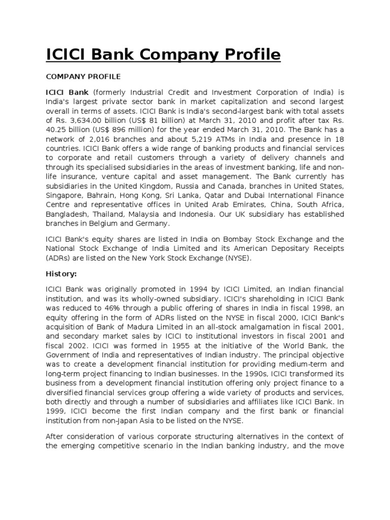 ICICI Bank Company Profile | PDF | Financial Markets | Banks