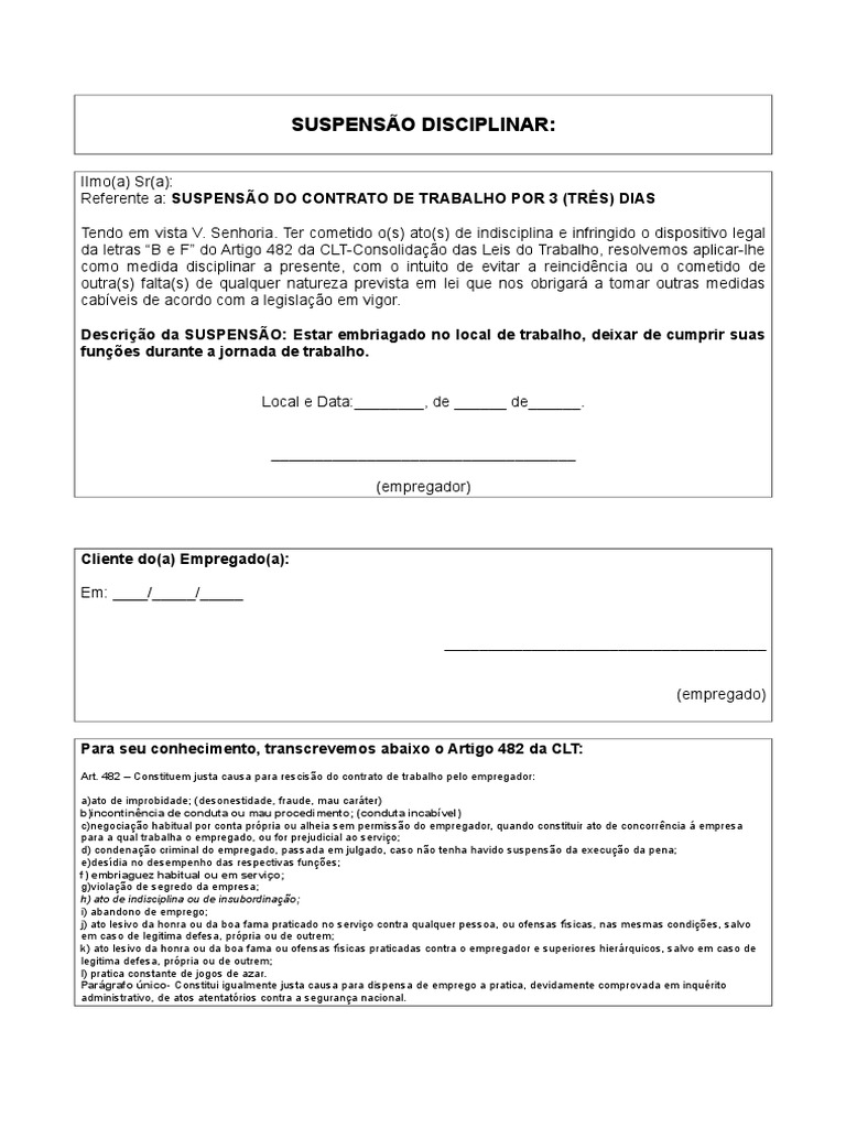 Modelo de Suspensão Disciplinar | Lei Estatutária | Emprego